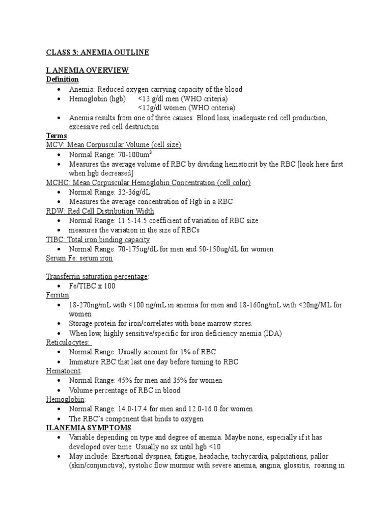 Class 3: Anemia Outline I. Anemia Overview | PDF | Anemia | Red Blood Cell