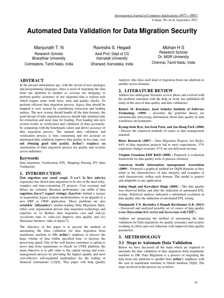 Automated Data Validation For Data Migration Security: Manjunath T. N Ravindra S. Hegadi Mohan H ...