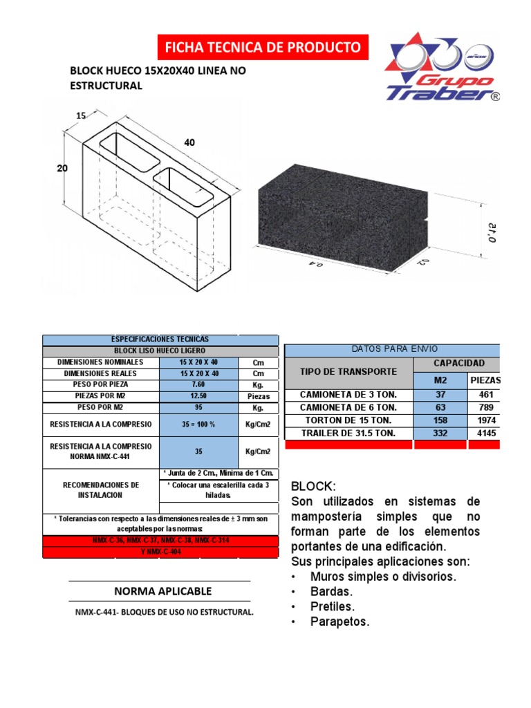 Ficha Tecnica Block Hueco 15x20x40 Linea No Estructural Nmx-c-441 | PDF