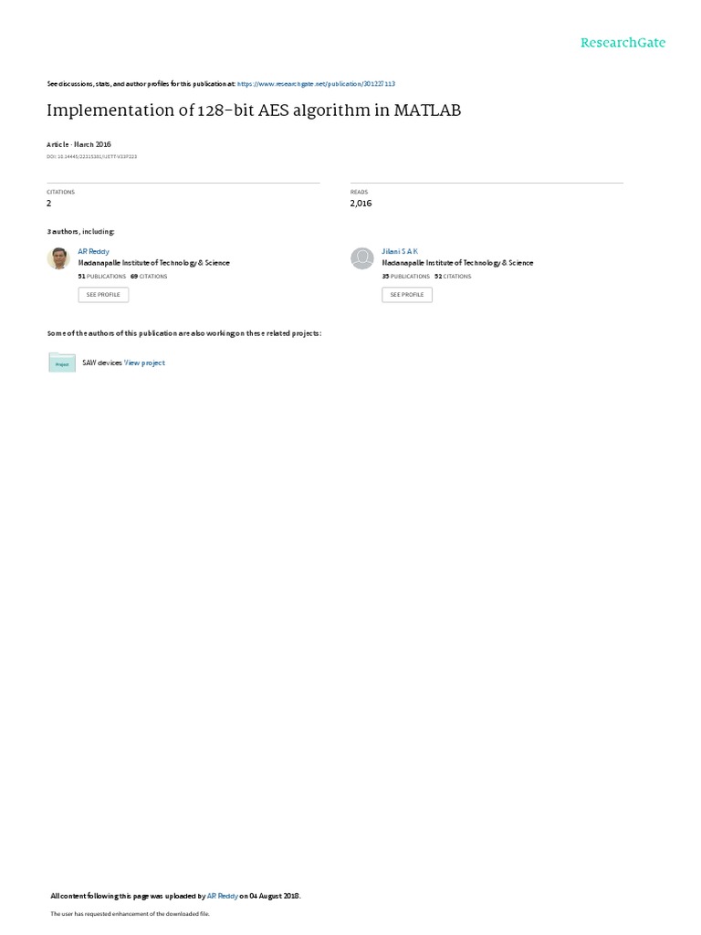 Implementation of 128-bit AES Algorithm in MATLAB: An Analysis of Encryption and Decryption ...