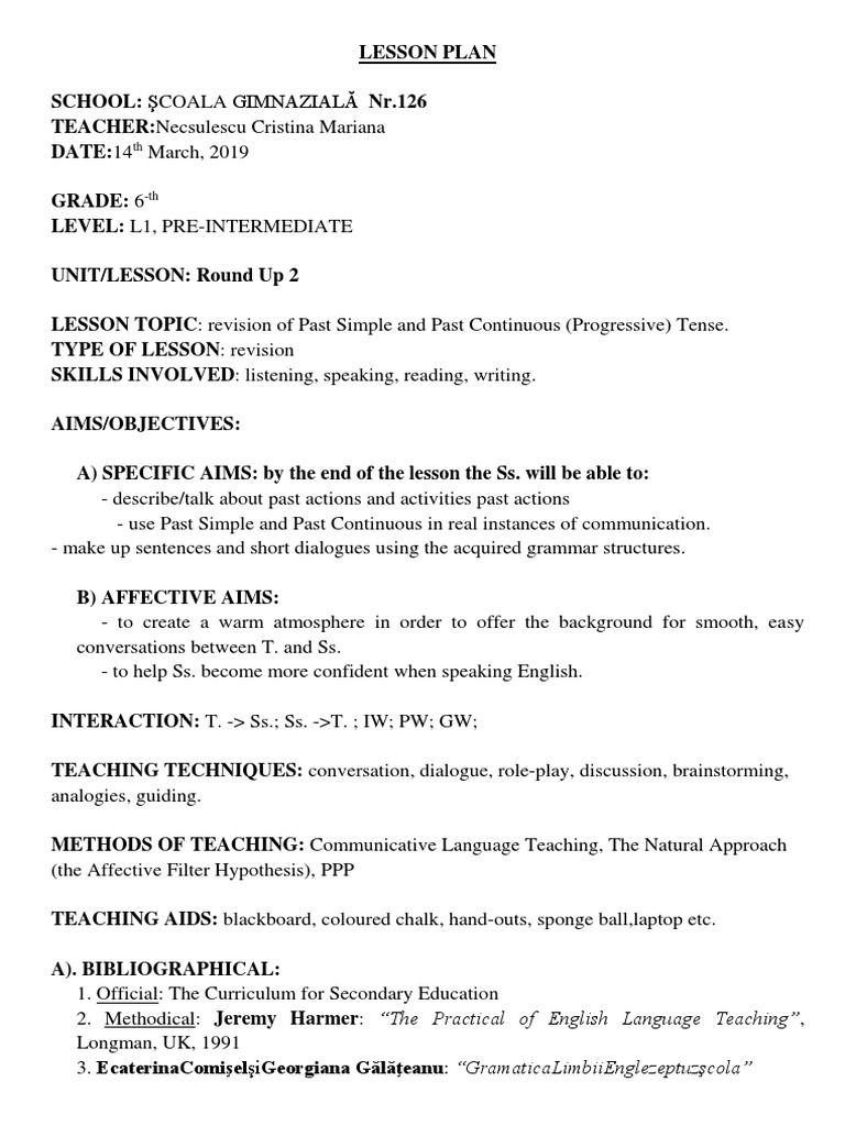 Lesson Plan Vii Past Simple Continuous | PDF | Language Education ...