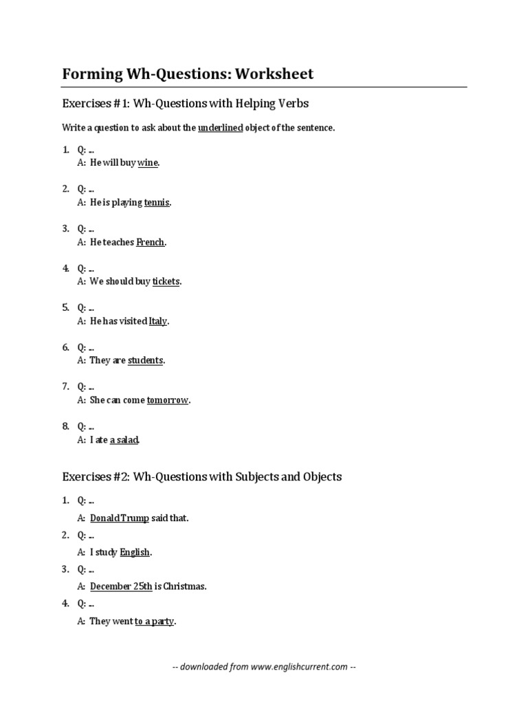 Asking WH Questions Worksheet | PDF | Question | Linguistic Typology