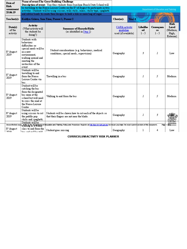 Risk Planner For Excursion - Stem | PDF | Hazards | Risk