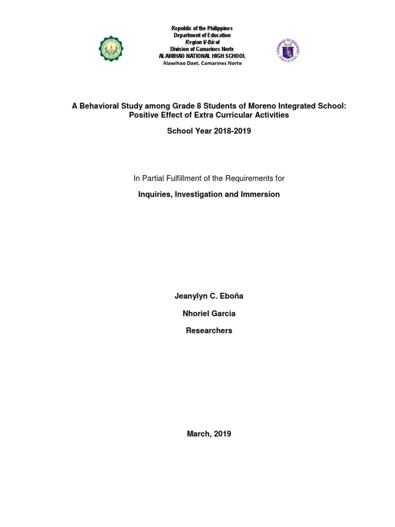 A Behavioral Study Among Grade 8 Students of Moreno Integrated School ...