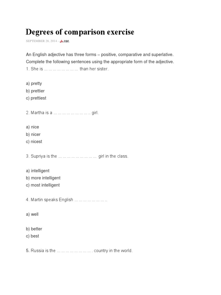 Degrees of Comparison Exercise | PDF | Syntax | Semantics