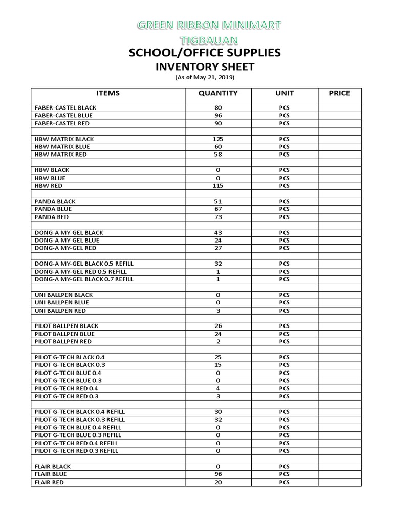 School/Office Supplies: Inventory Sheet | PDF | Art Materials ...