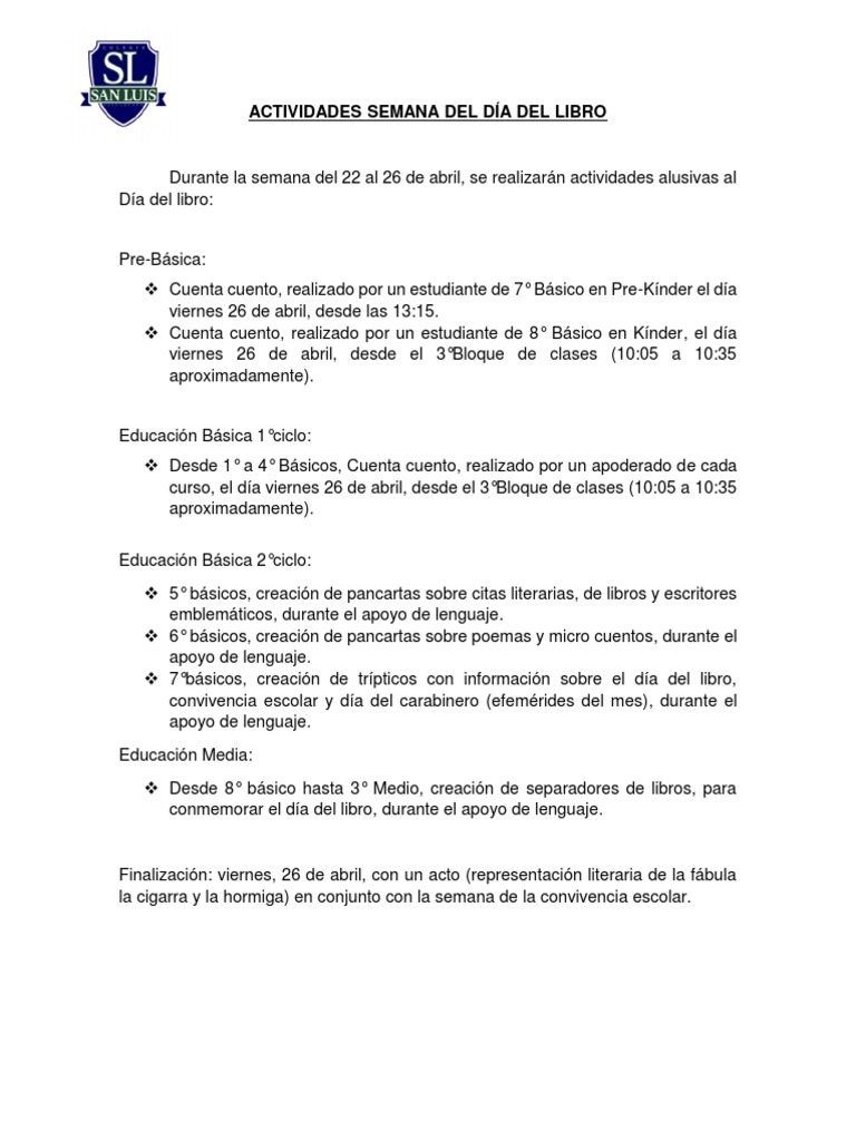 Actividades Semana Del Día Del Libro | PDF | Escuelas | Aprendizaje
