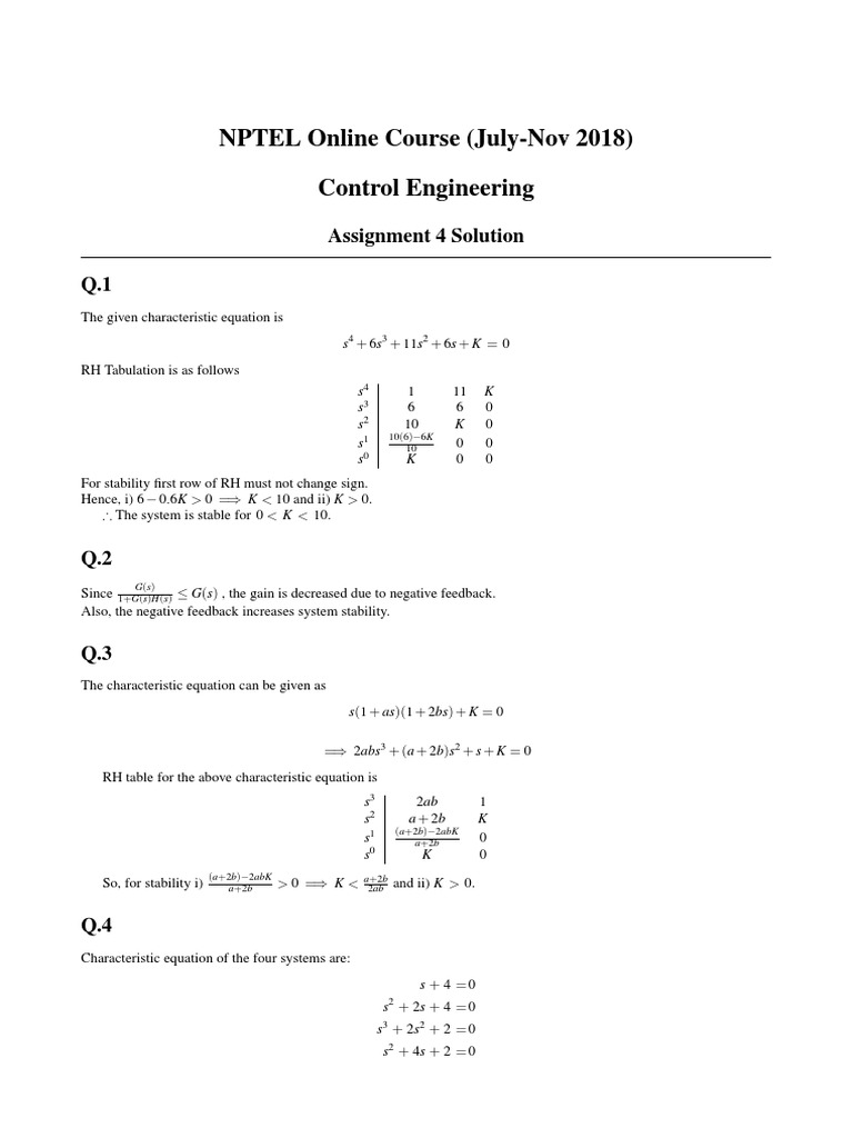 NPTEL Online Course (July-Nov 2018) Control Engineering: Assignment 4 Solution Q.1 | PDF ...