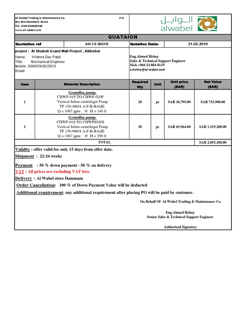 Quataion: CHWP-01P TO CHWP-020P Vertical Inline Centrifugal Pump TP 150 ...