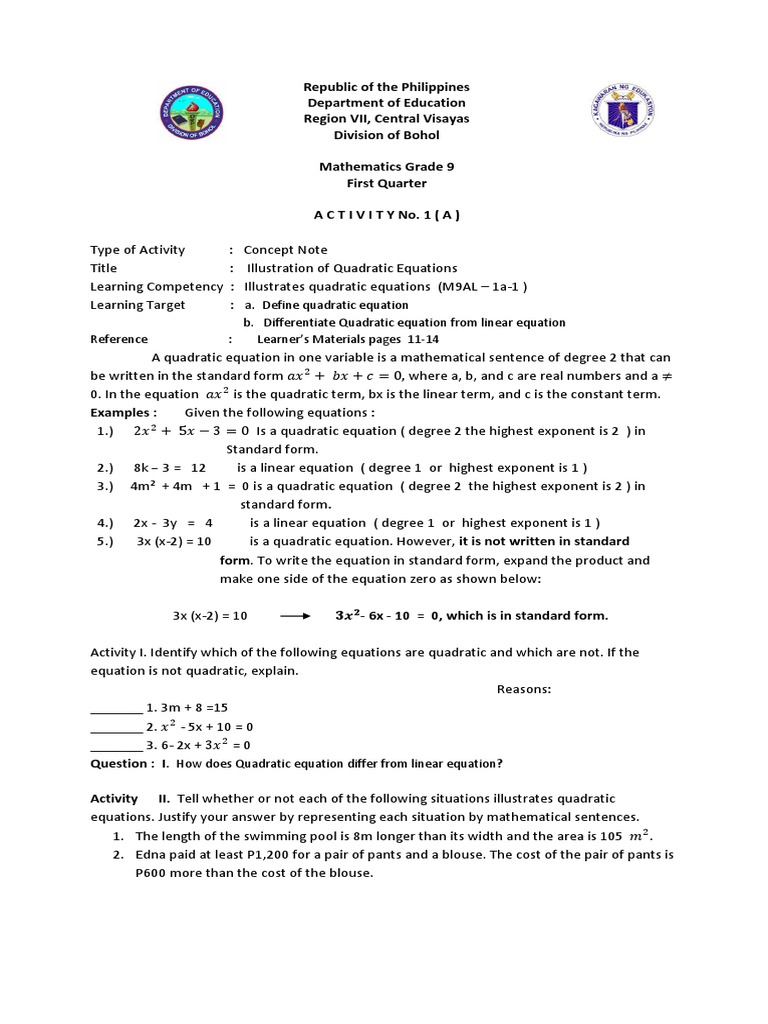 Quadratic Equations Grade 9 Math Activity | PDF | Quadratic Equation ...