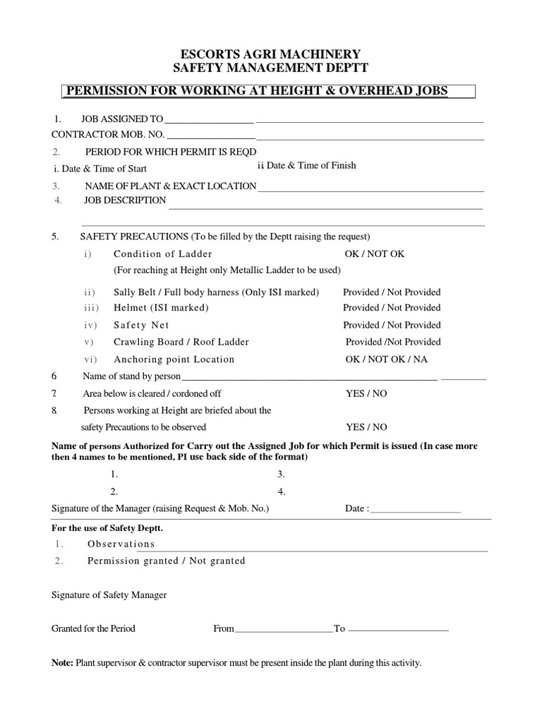 Height Work Permit Format | PDF
