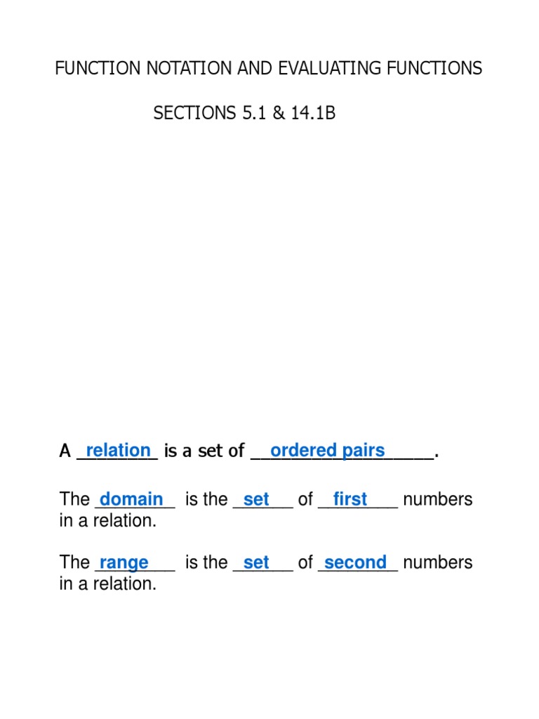 Function Notation and Evaluating Functions SECTIONS 5.1 & 14.1B | PDF ...