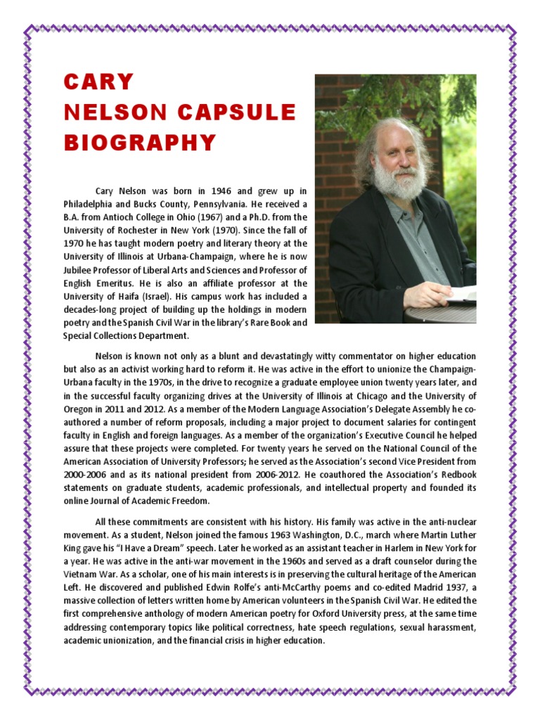 CARY NELSON Capsule Biography | PDF | Boycotts Of Israel | American Poetry
