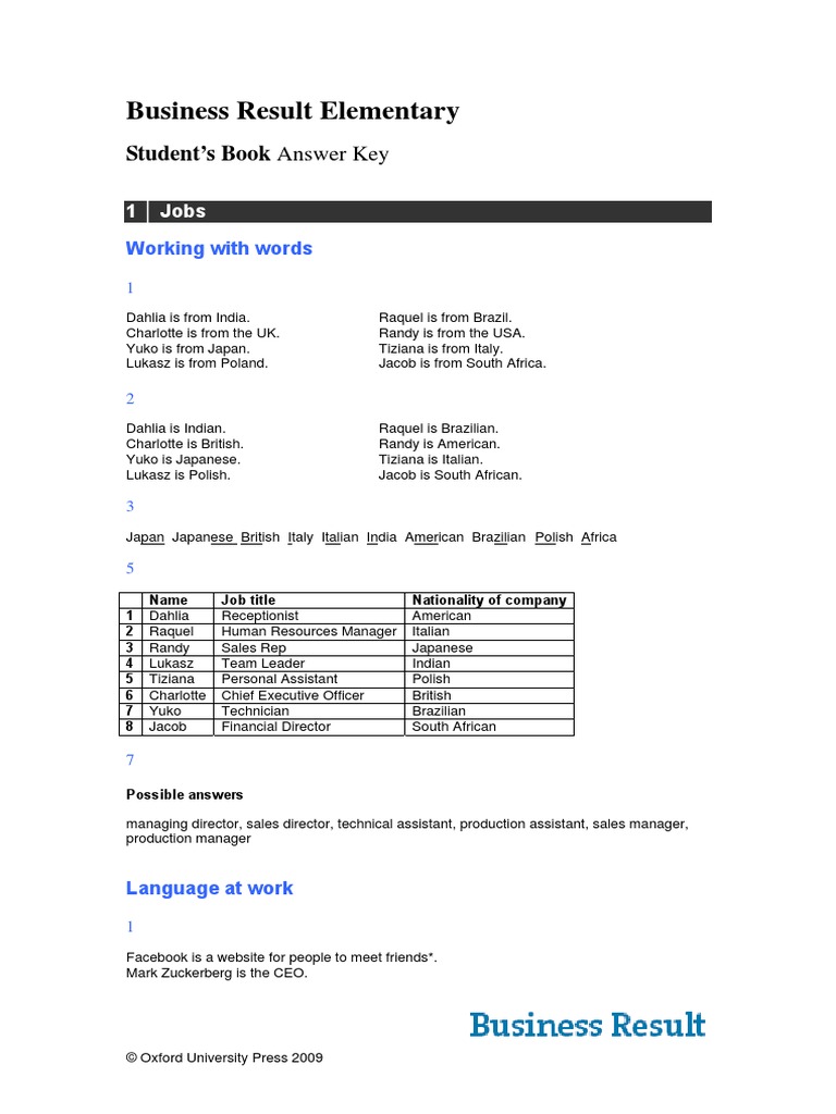 Business Result Elementary: Student's Book Answer Key | PDF