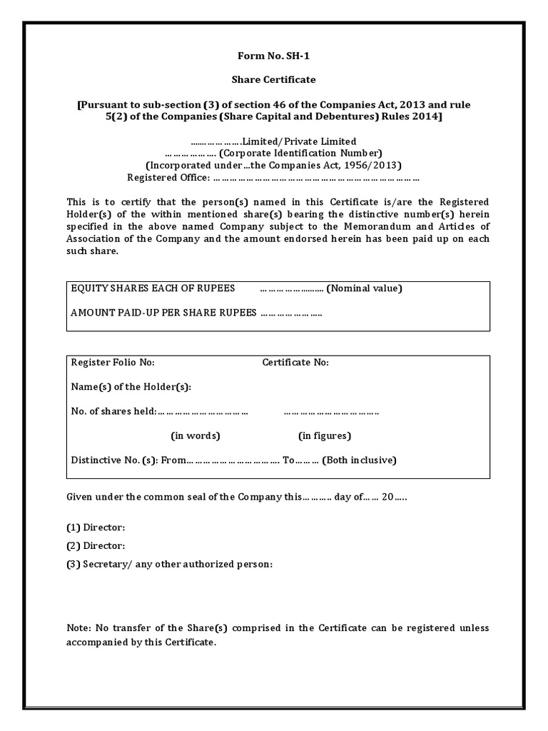 SH 1 Share Certificate | PDF