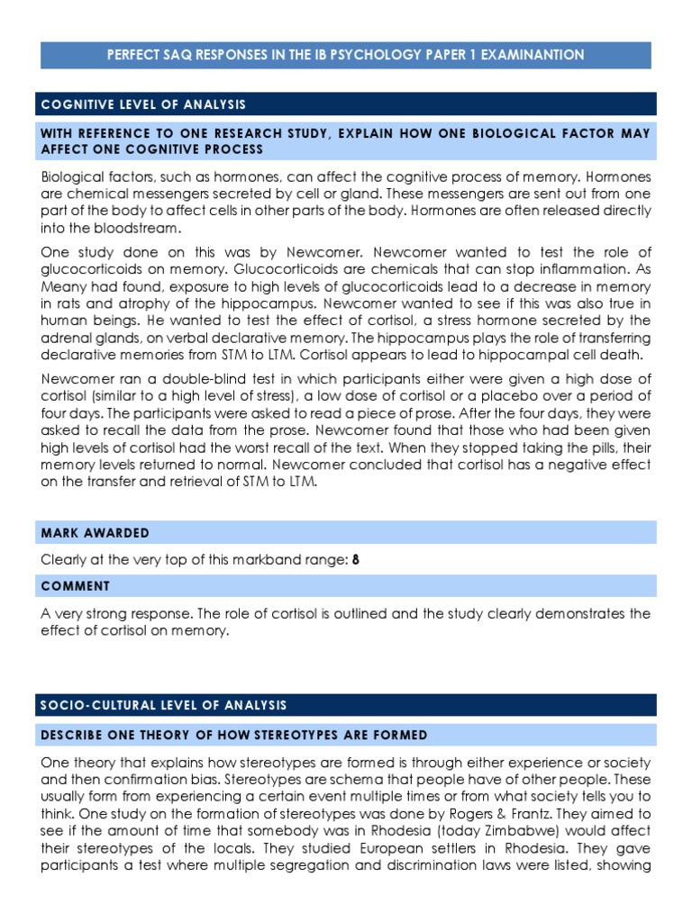 Ib Psychology - Perfect Saq Examination Answers PDF | PDF | Stereotypes ...