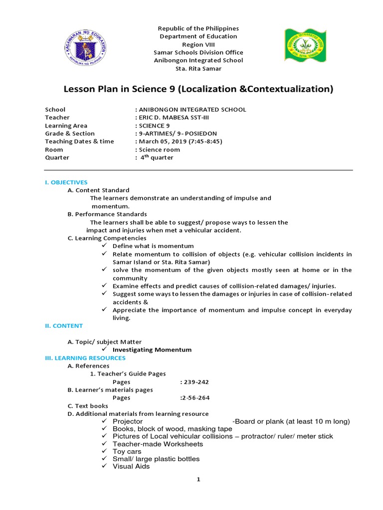 Lesson Plan in Momentum | PDF | Momentum | Force