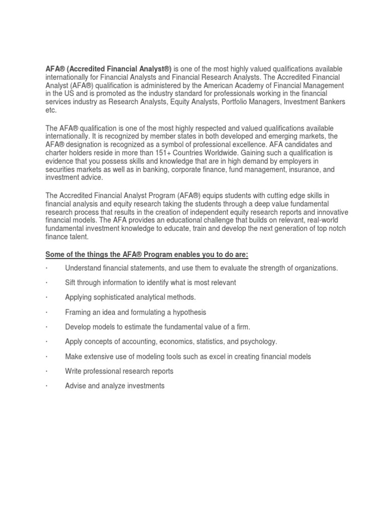 AFA® (Accredited Financial Analyst®) Is One of The Most Highly Valued ...