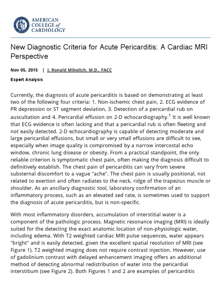 New Diagnostic Criteria For Acute Pericarditis A Cardiac MRI | PDF ...