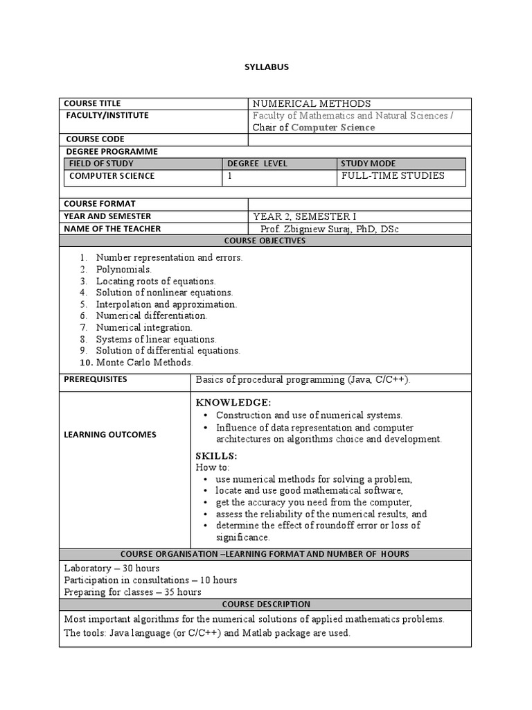 Syllabus: Course Title Faculty/Institute | PDF | Numerical Analysis ...