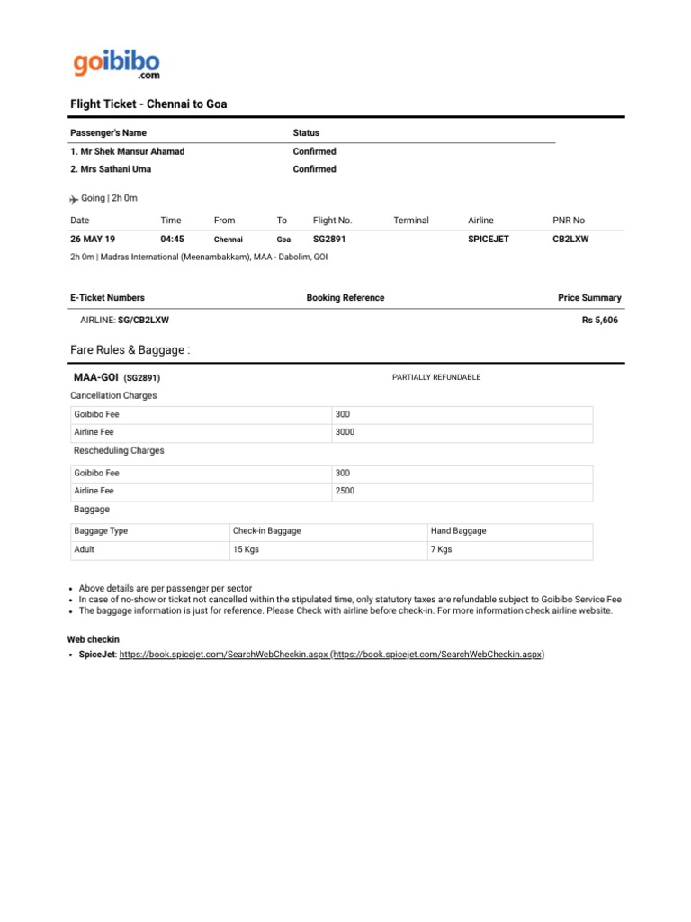 Chennai to Goa Flight Ticket | PDF | Aviation | Service Industries