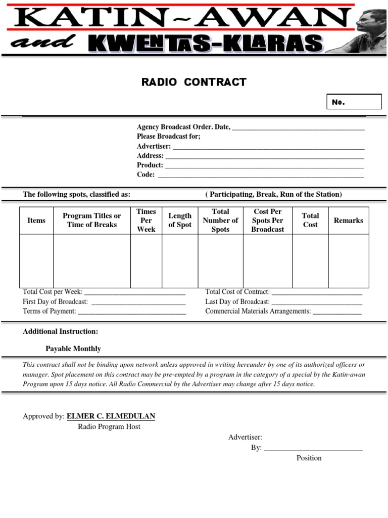Radio Contract: Approved By: ELMER C. ELMEDULAN Radio Program Host ...