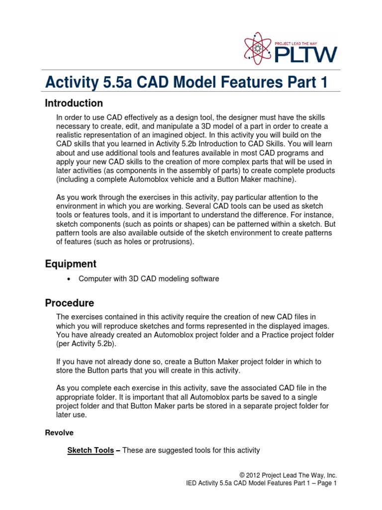 Activity 5.5a CAD Model Features Part 1: Revolve Sketch Tools - These ...