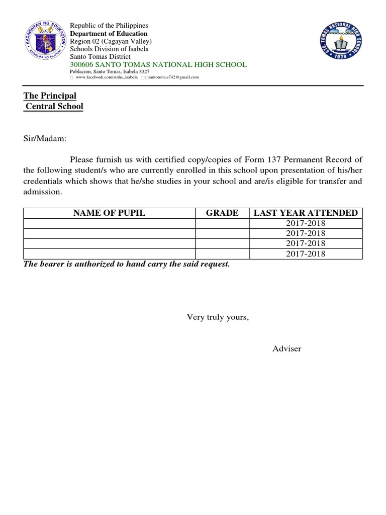 FORM137 Request Letter | PDF