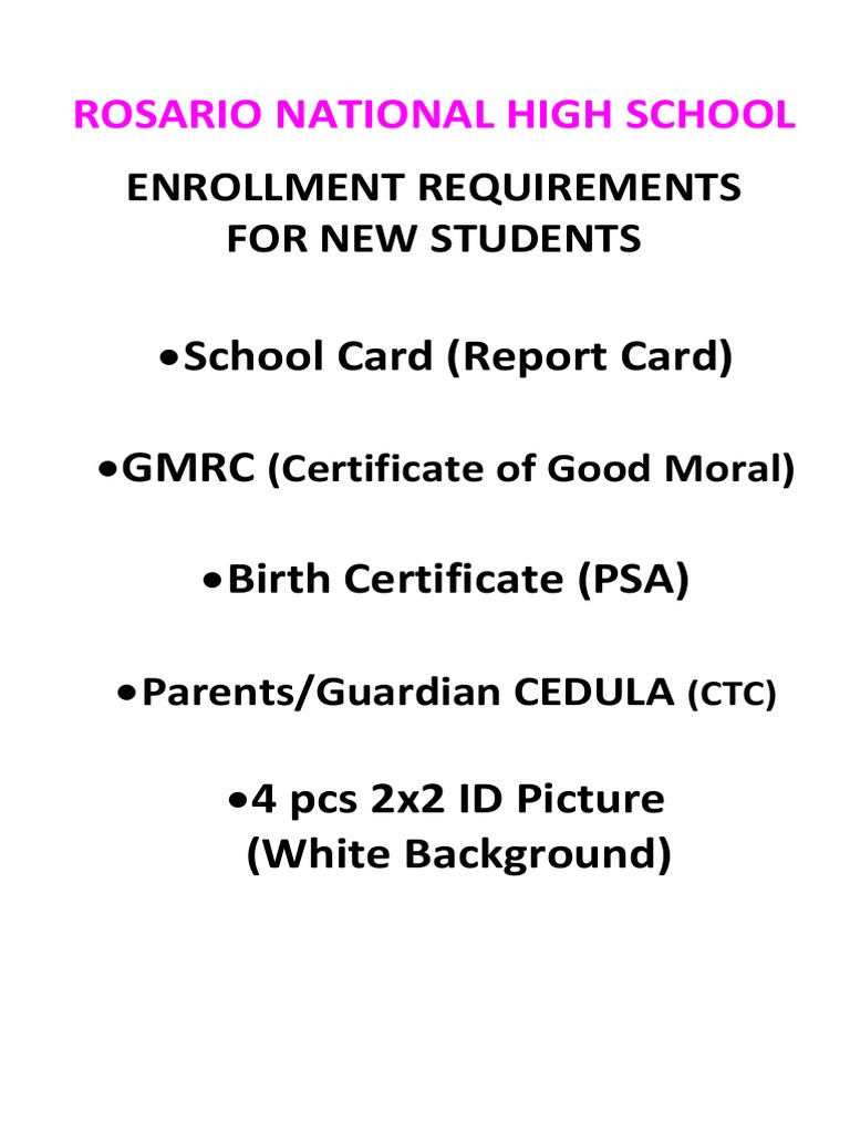 Enrollment Requirements For New Students: Rosario National High School ...