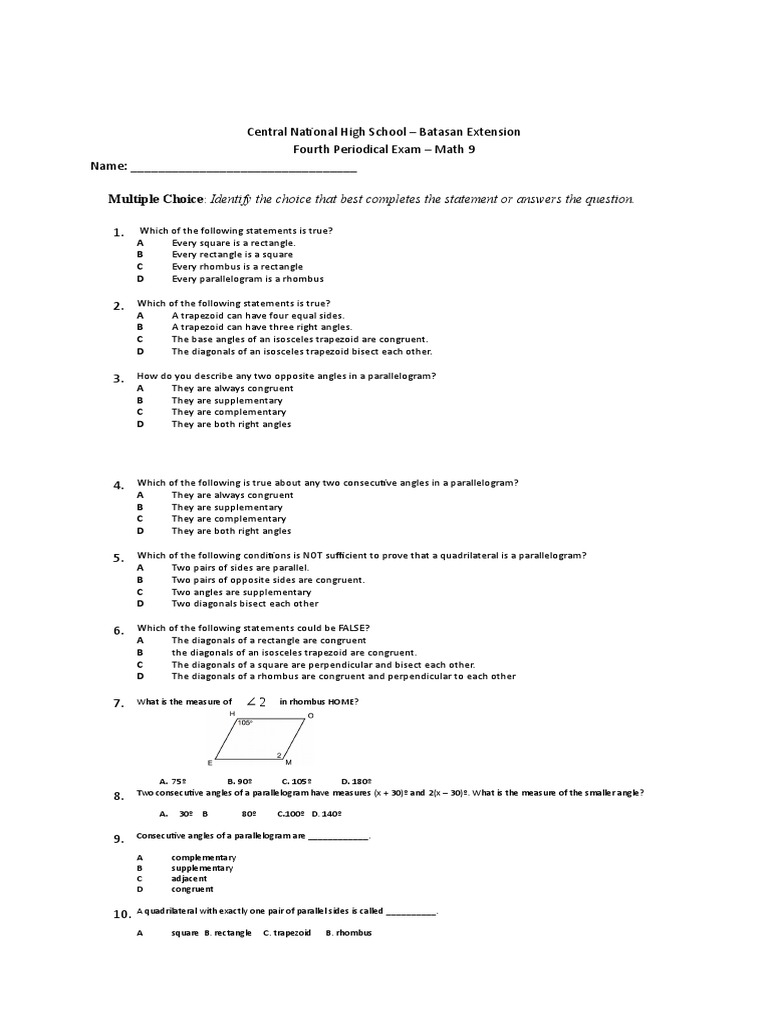 4th Periodical Exam - Math 9 | Download Free PDF | Rectangle ...