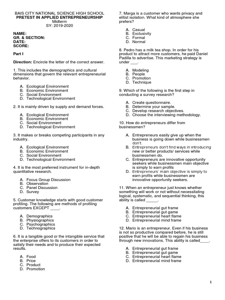 Entrep Midterm Pretest | PDF | Entrepreneurship | Balance Sheet