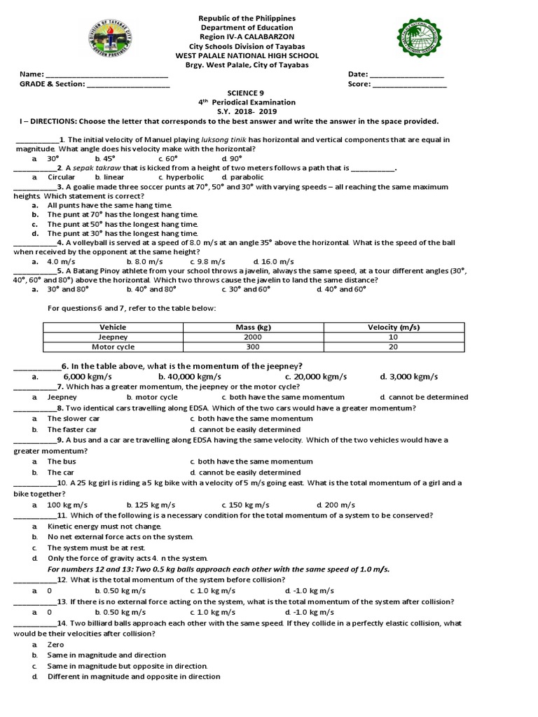 Fourth Periodical Examination | PDF | Collision | Momentum