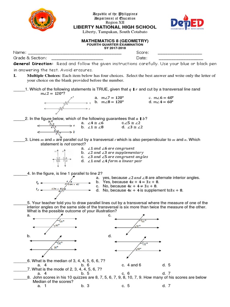Mathematics 8 (Geometry) Fourth Quarter Examination: Analysis of ...
