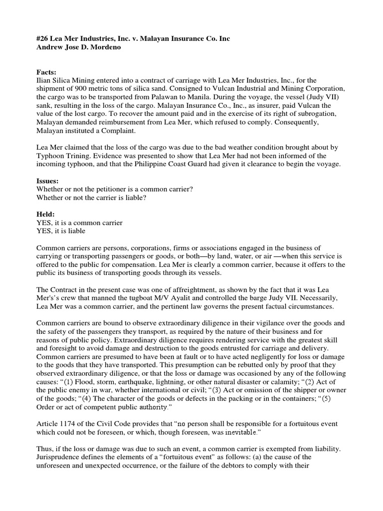 Lea Mer Industries Vs Malayan Insurance | PDF | Common Carrier | Legal ...