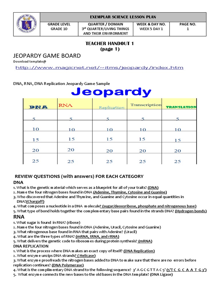 DNA, RNA and Protein Synthesis Jeopardy Game | PDF | Nucleic Acid ...