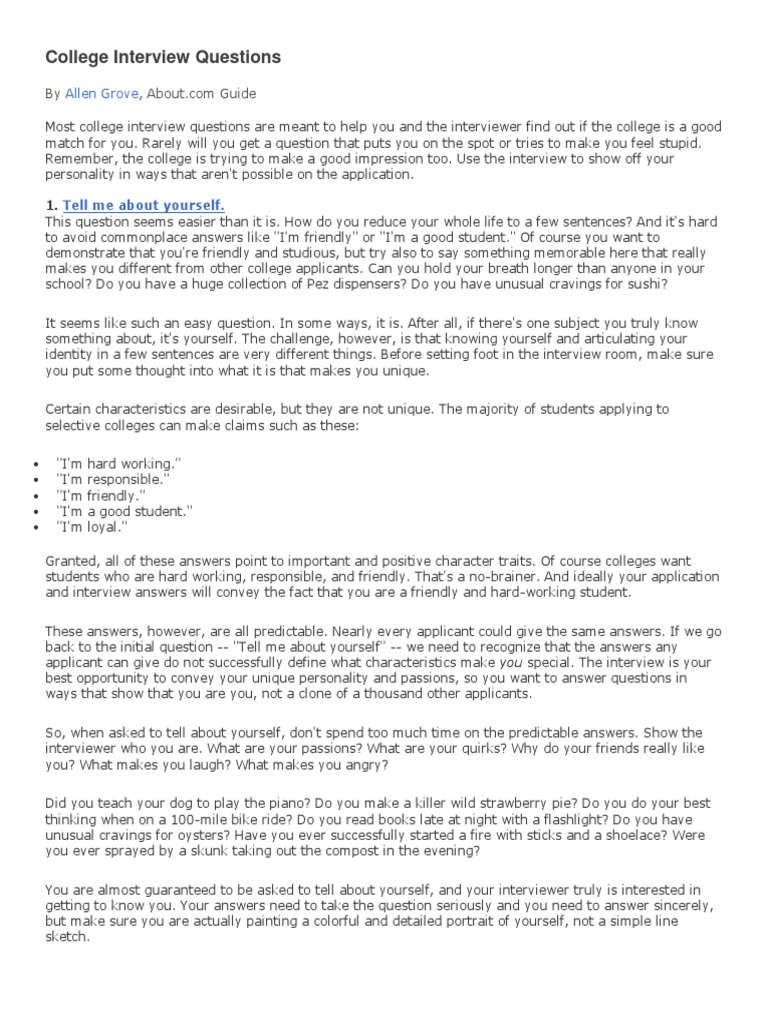 College Interview Questions: Tell Me About Yourself | PDF | Question ...