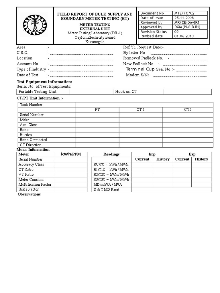 Mte-Fo-02 - Field Report of Bs & Boundary Meter Testing (HT) | PDF ...