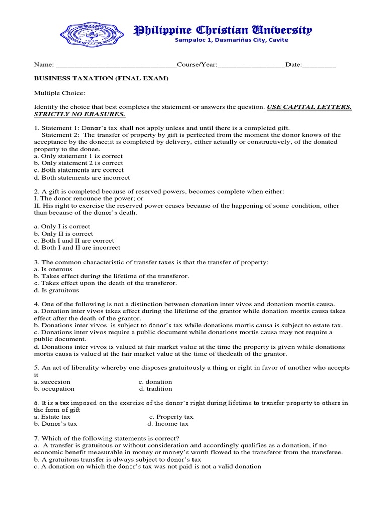 Final Exam Bus Tax 2nd Sem 2018-2019 | PDF | Taxes | Virtue