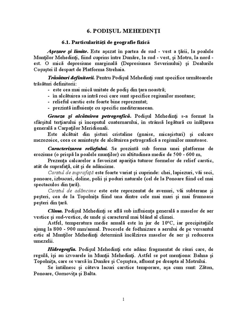 Podisul Mehedinti - Caracterizare Fizico-Geografica | PDF