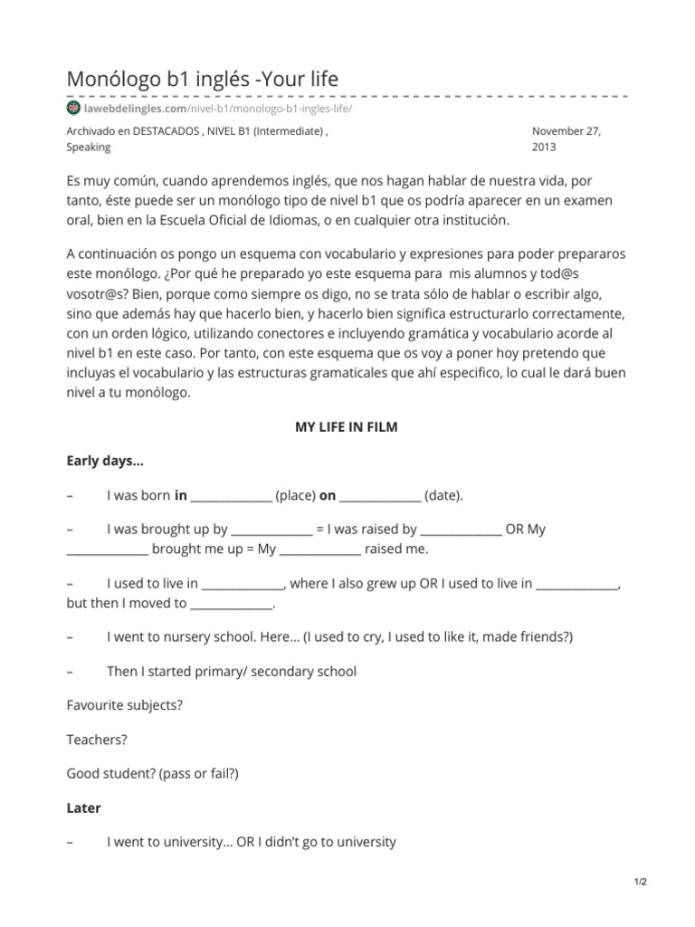 Monólogo b1 Inglés - Your Life | PDF | Idiomas