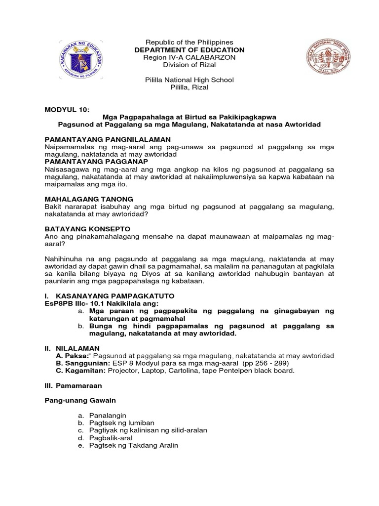 Lesson Plan ESP Pagsunod at Paggalang Modyul 10 | PDF Lesson Plan ESP Pagsunod at Paggalang Modyul 10 | PDF