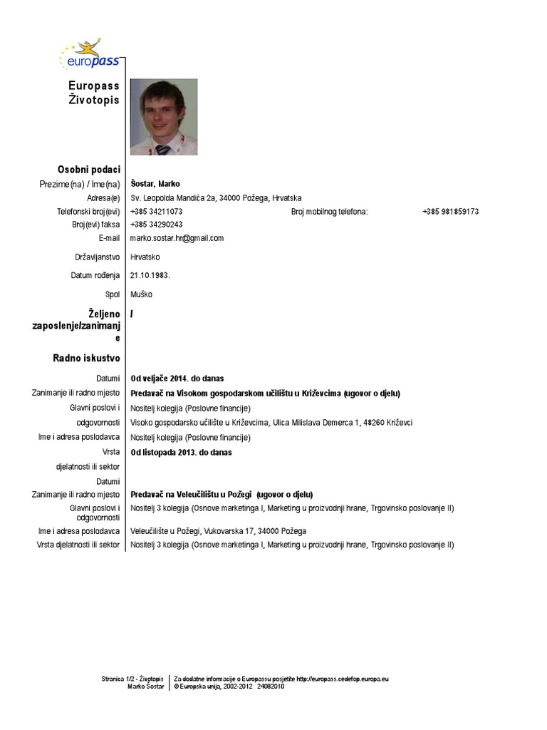 Europass CV- Marko Šostar (Hrvatski) | PDF