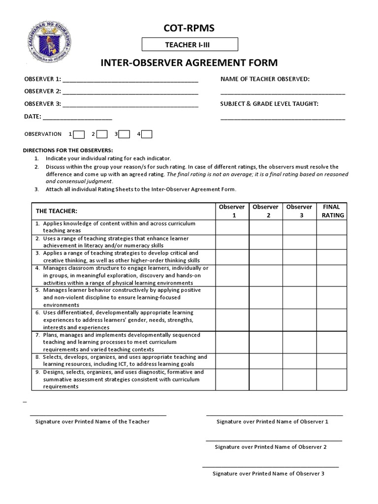 Inter-Observer Agreement Form - Proficient Teacher | PDF | Teachers ...