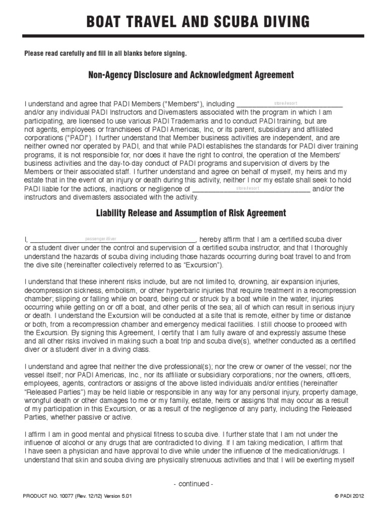 Boat Travel and Scuba Diving: Non-Agency Disclosure and Acknowledgment ...