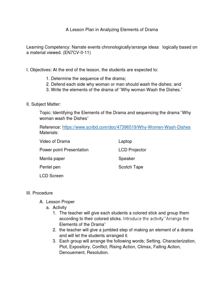 Analyzing Elements of Drama Lesson Plan | PDF | Lesson Plan | Cognition