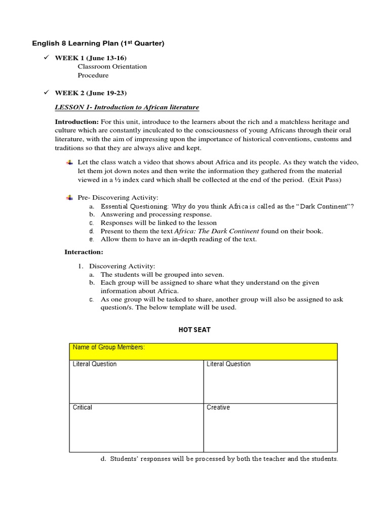 English 8 Learning Plan - 1ST QUARTER | PDF | Question | Reading ...