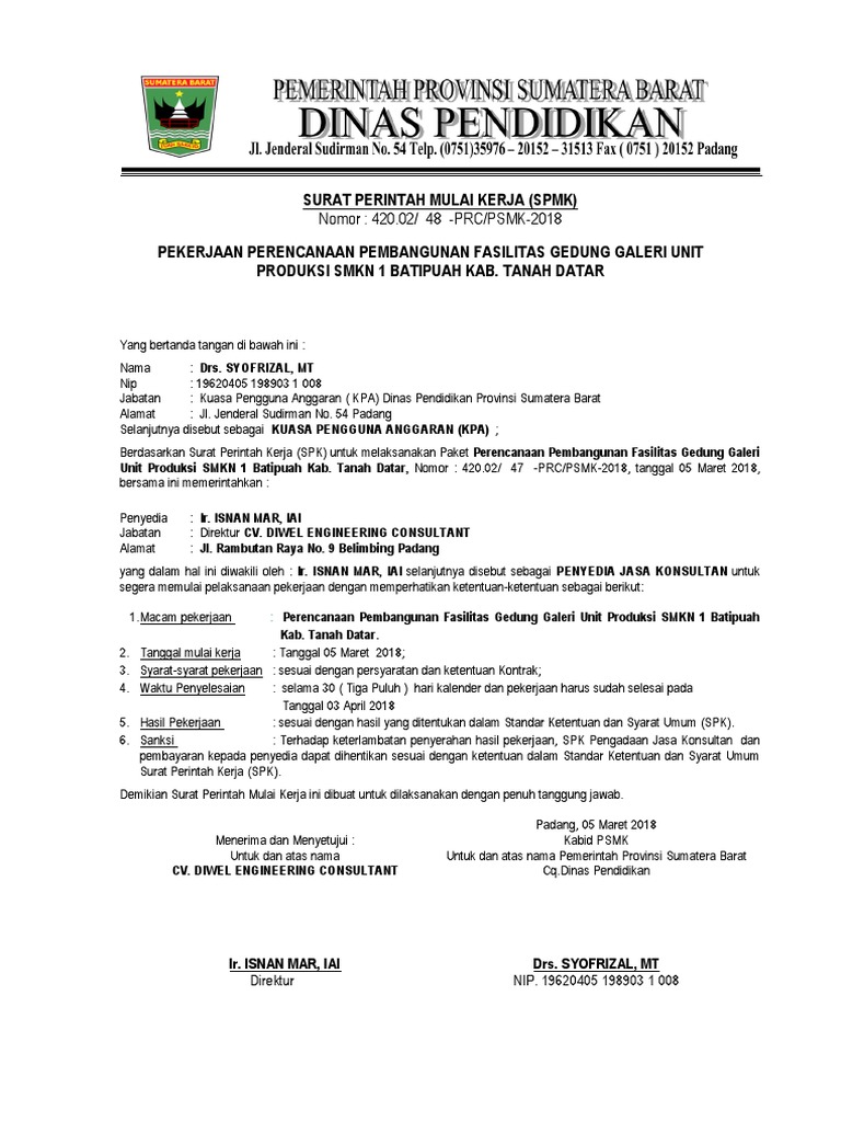 Contoh Format SPMK Kontrak Konsultan | PDF