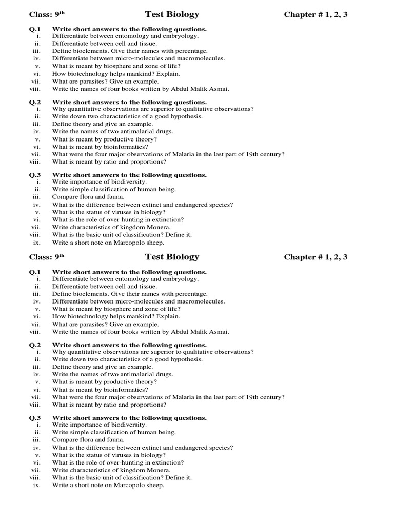 Test Biology: Class: 9 Chapter # 1, 2, 3 | PDF | Exhalation | Kidney