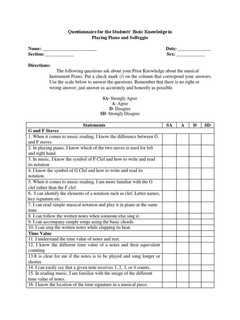 Piano and Solfeggio Knowledge Questionnaire | PDF | Musical Notation | Clef