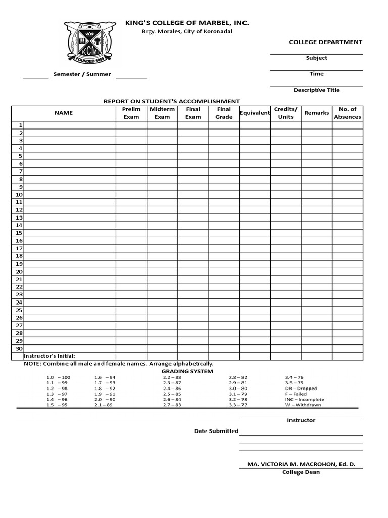 Grading Sheet College PDF